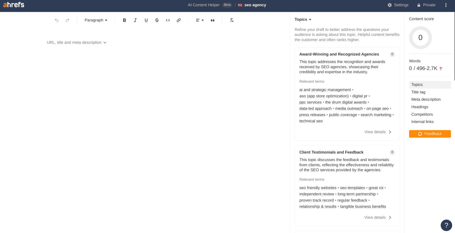 Ahrefs AI content helper tool | Embryo