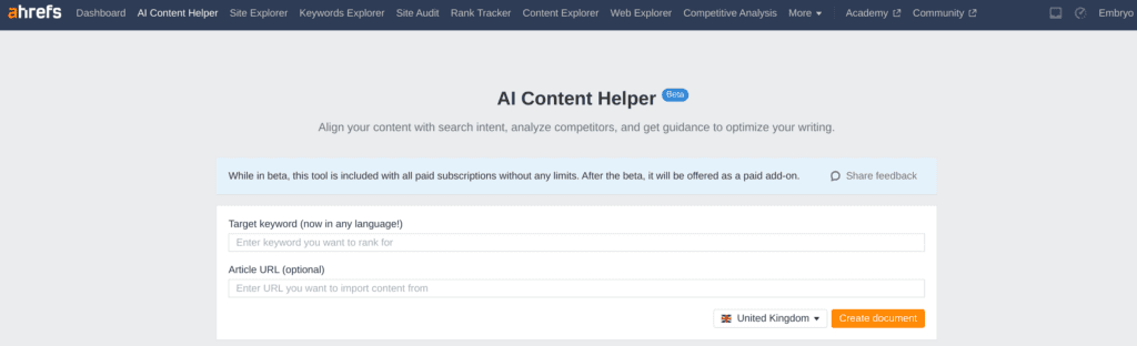Ahrefs AI content helper tool | Embryo